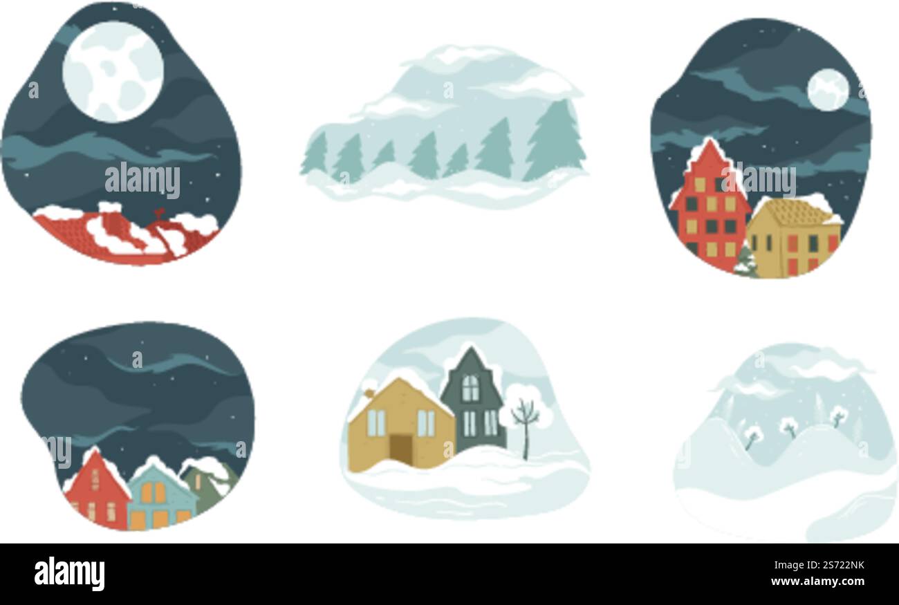 City and village in winter, scenery with snowy weather and frost ...