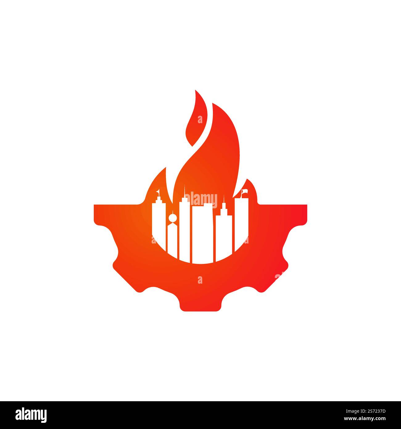 Fire city vector logo design template. Buildings and fire with Cog ...