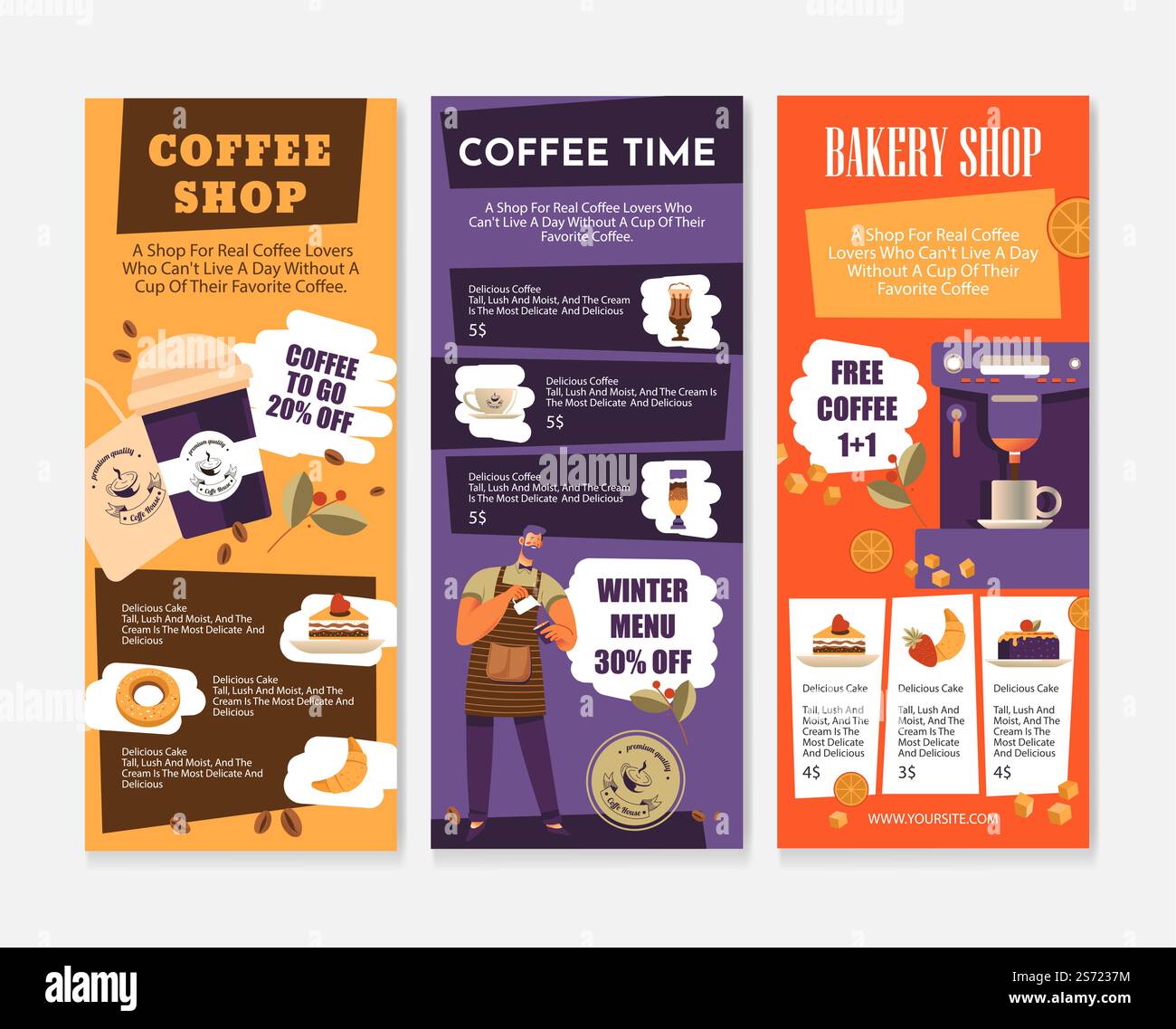 Coffee shop flyer set, vector illustration. Cafe menu and offers ...