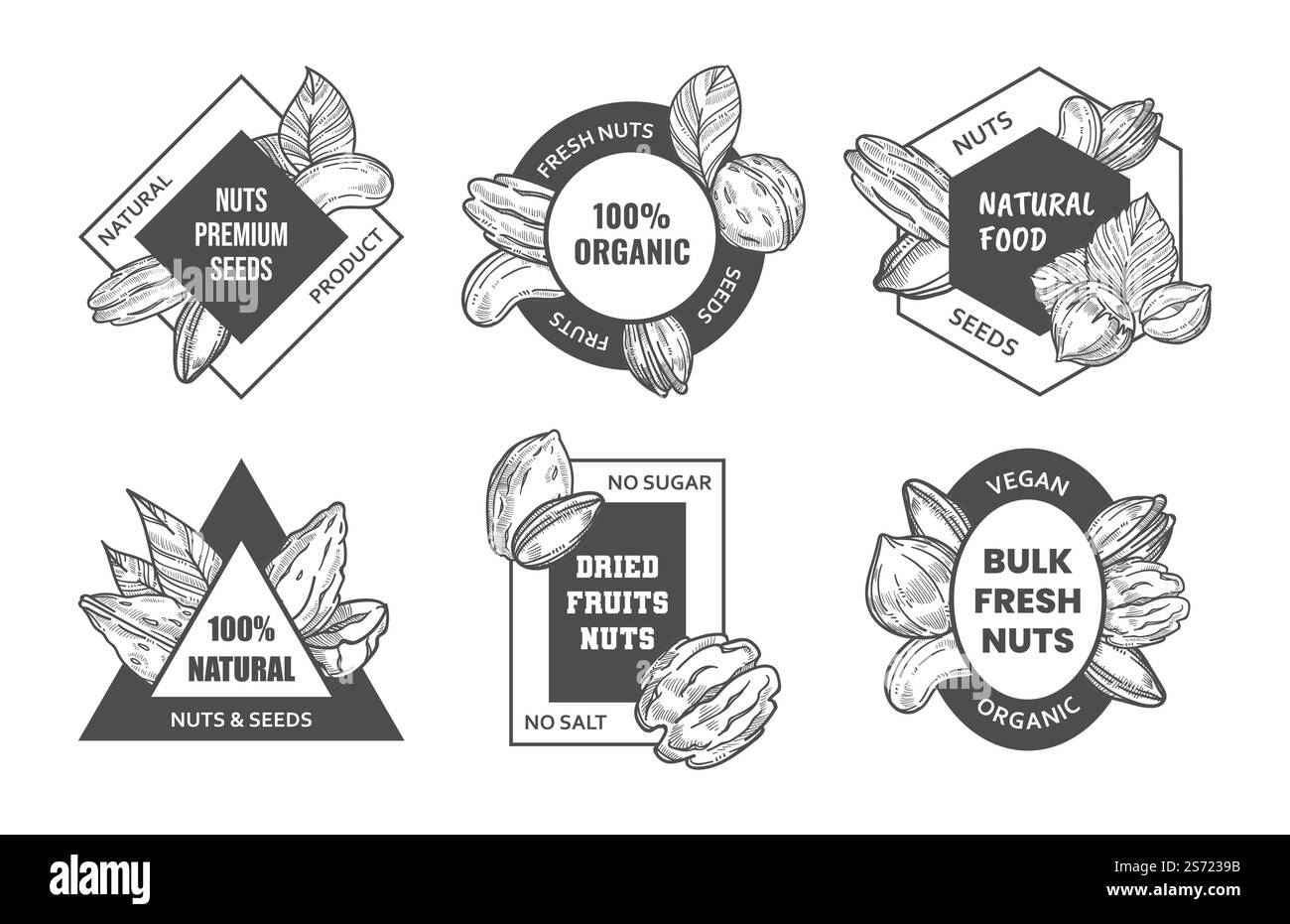 Fresh nuts logo design, vector illustration. Hand drawn icon collection ...