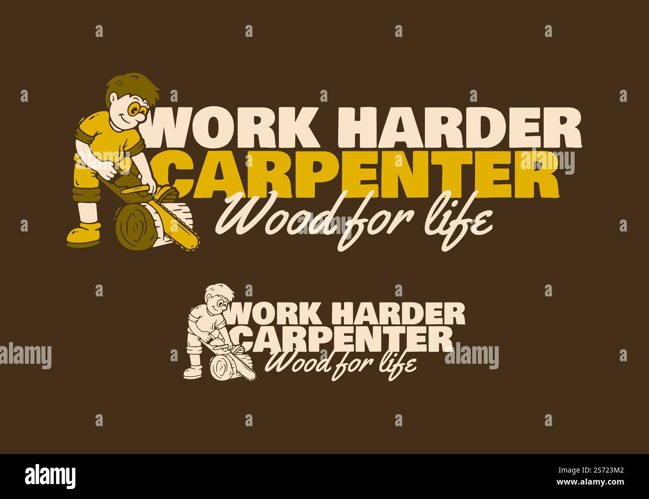 The character of a carpenter is sawing wood with a chainsaw. Flat art ...