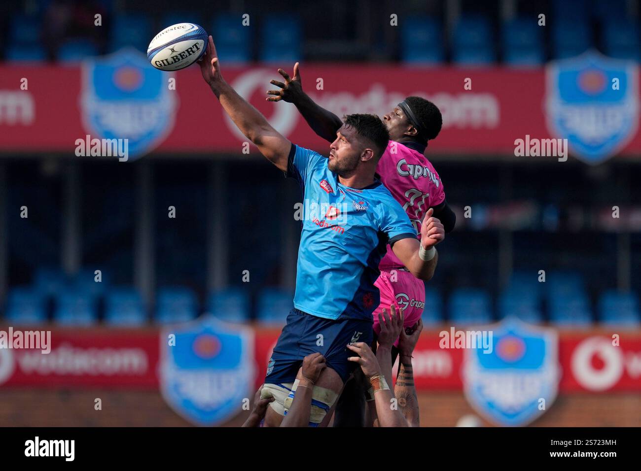 Vodacom Bulls' Ruan Vermaak, top left, wins a line out against Stade ...