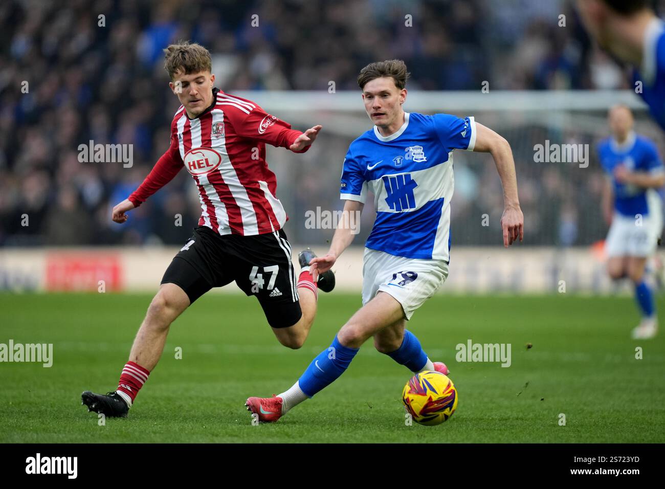 Exeter City's Jake Richards (left) and Birmingham City's Taylor Gardner ...
