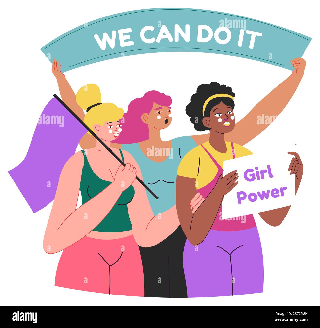 Feminists with slogan and placards, isolated female characters with ...