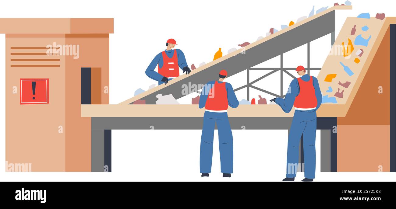 Workers in uniforms sorting garbage and litter, separation and recycling in plant or factory ...