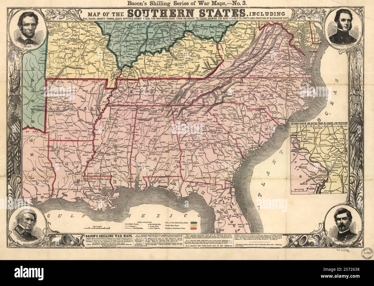 Map of the southern states, including rail roads, county towns, state ...