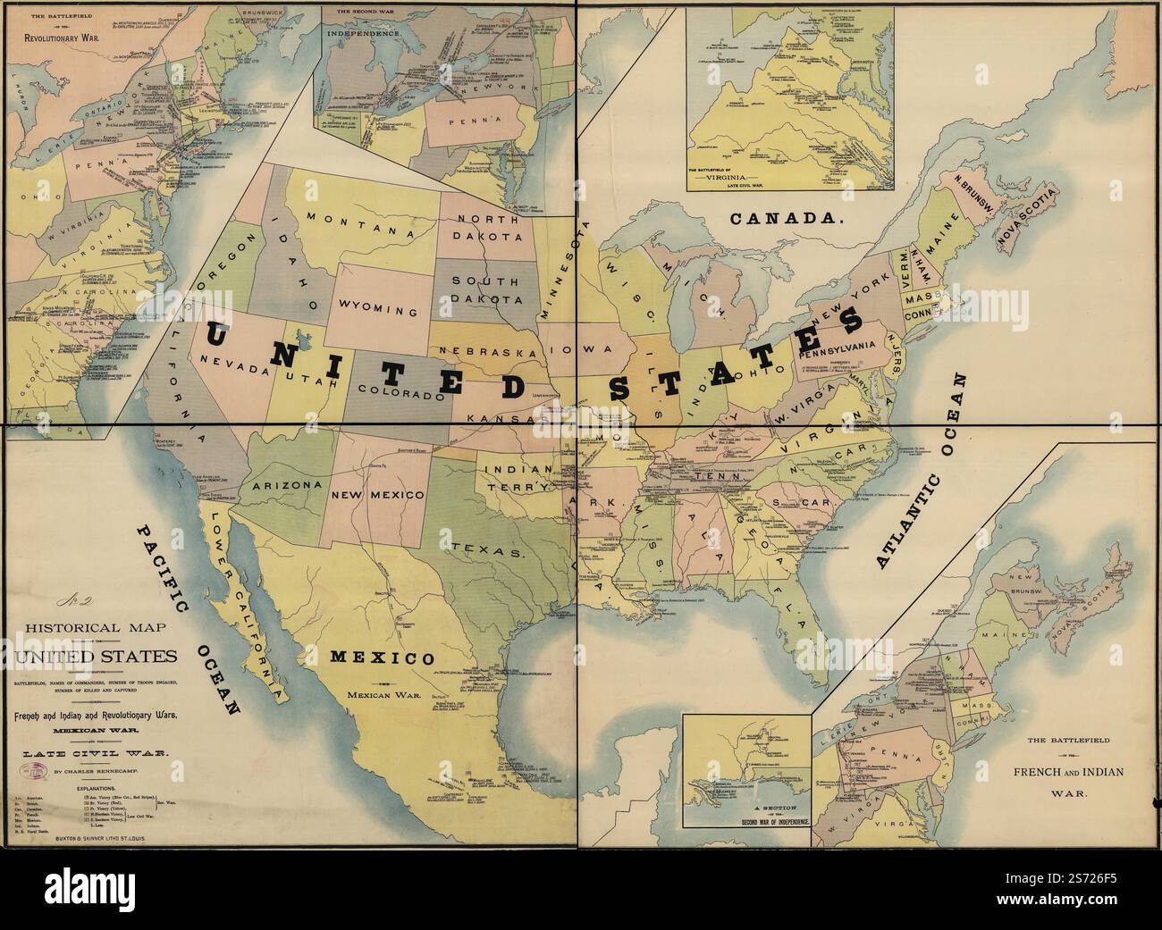 Historical map of the United States indicating battlefields, names of ...