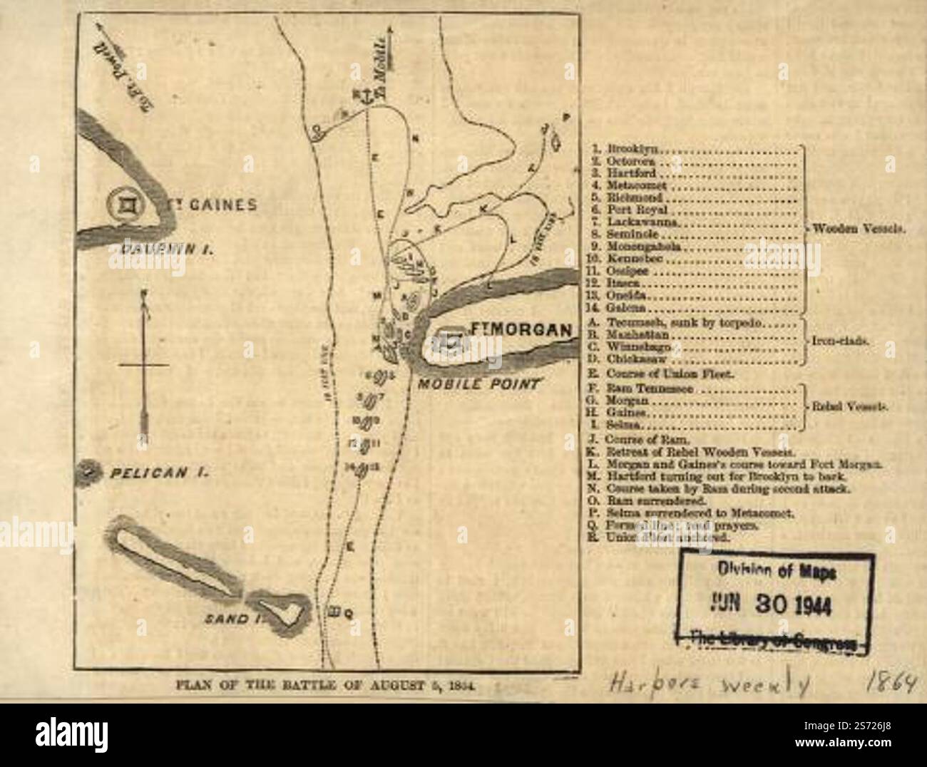 Plan of the battle of August 5, 1864. [Mobile Bay] 1864 Stock Photo - Alamy