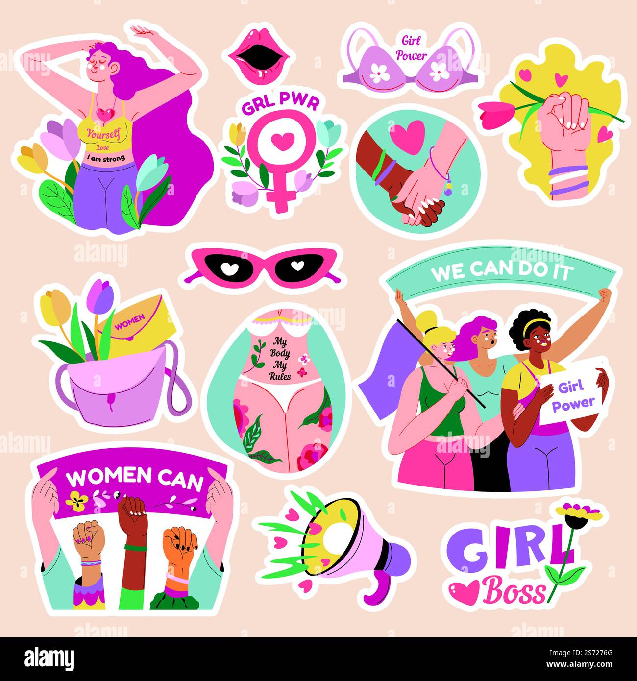 Female characters protesting and showing placards on parade. Isolated ...