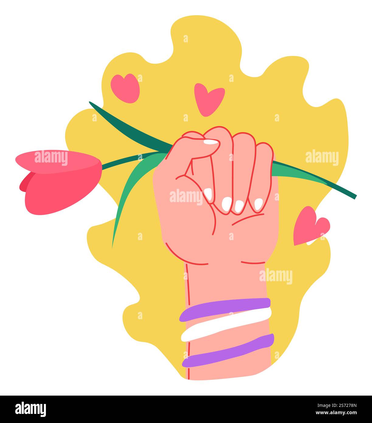 Hand with manicure and tulip in blossom, isolated female character ...