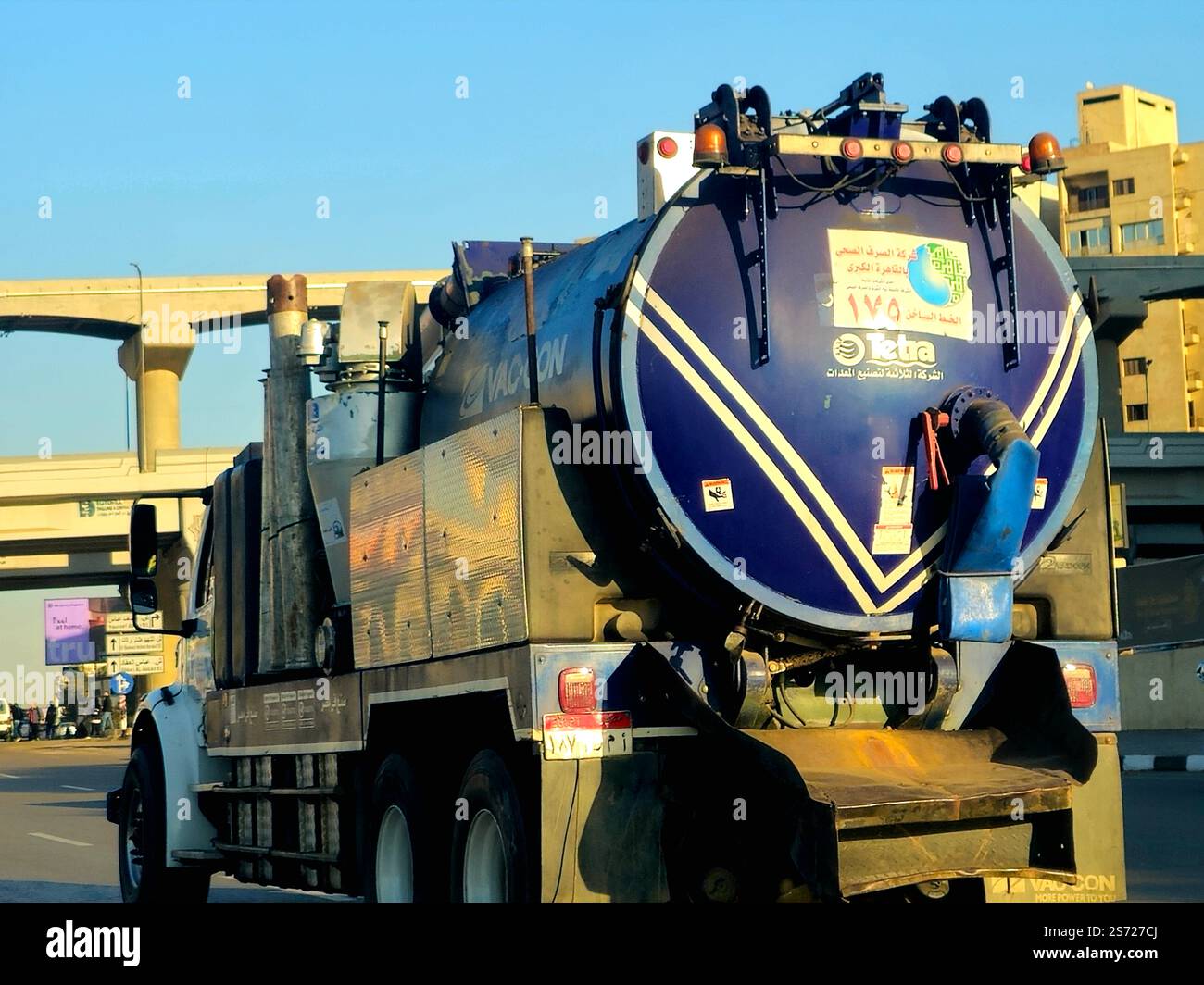 Cairo, Egypt, December 15 2024: large tanker lorry vehicle, drainage ...