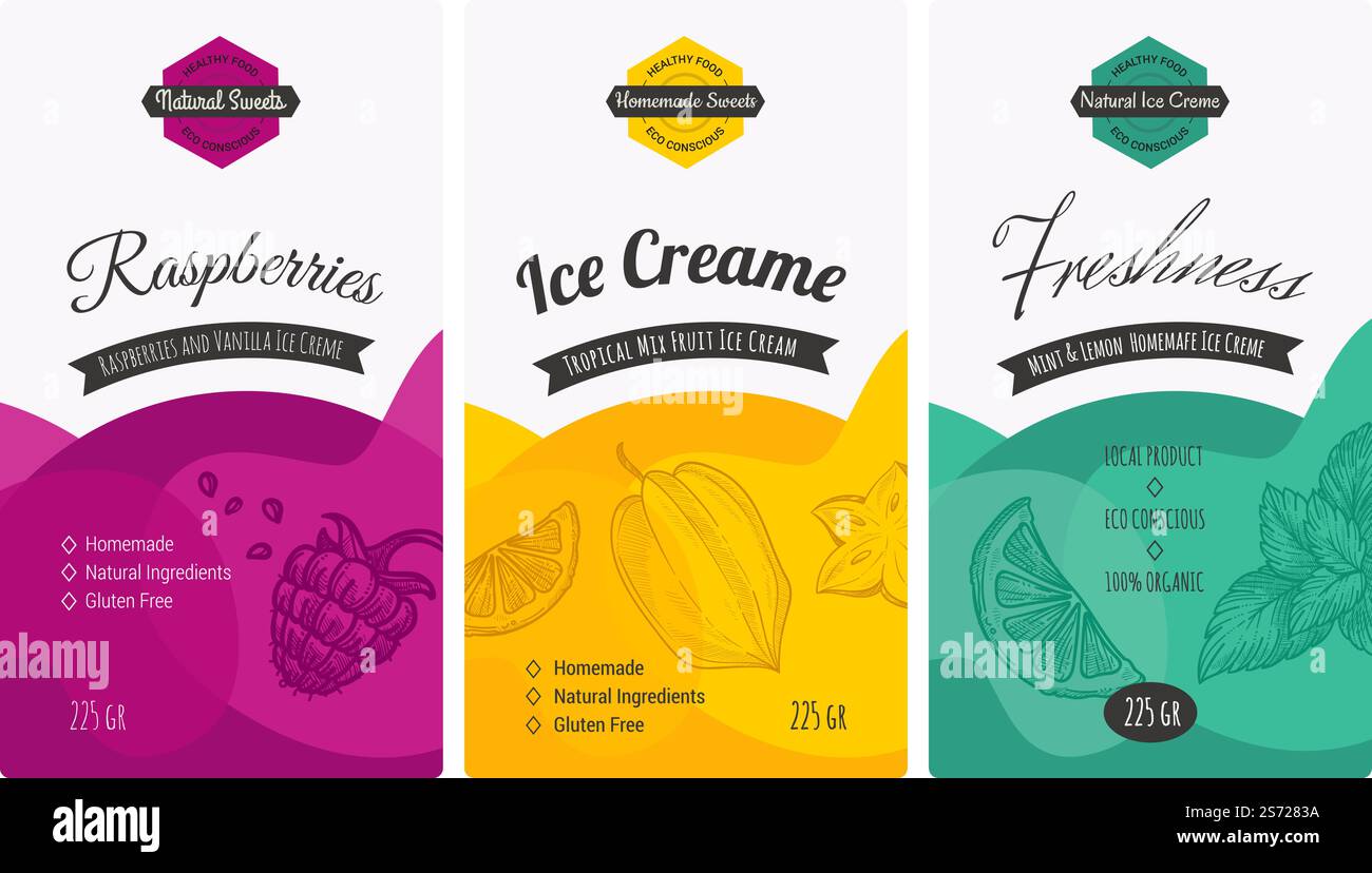Different flavors of ice cream, tropical fruits and raspberries ...