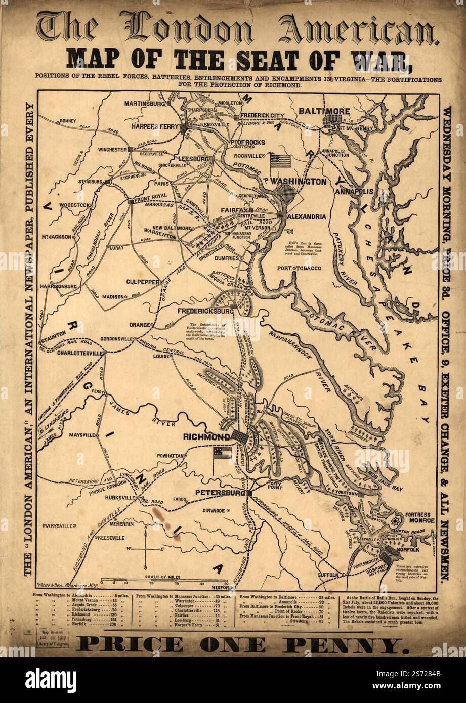 Map of the seat of war, positions of the rebel forces, batteries ...