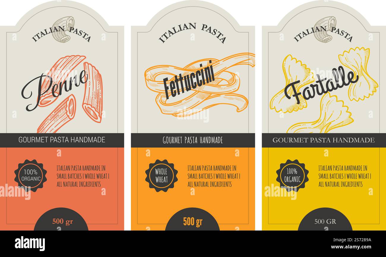Italian macaroni types, labels for packages set. Penne and Fettuccine ...
