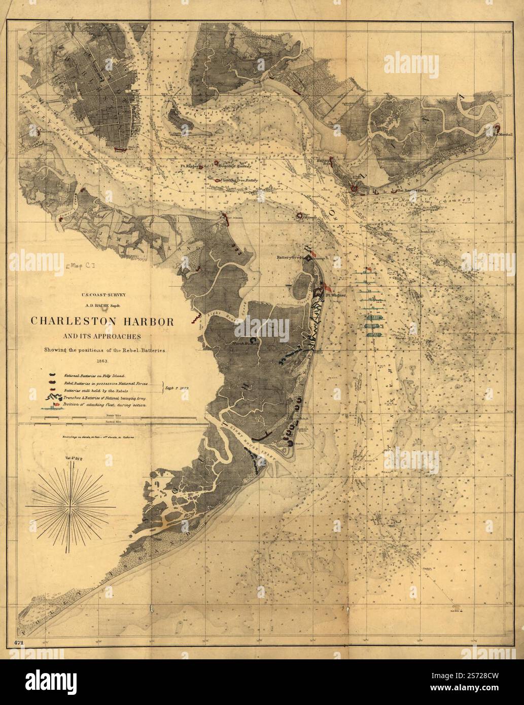 Charleston Harbor and its approaches showing the positions of the Rebel ...