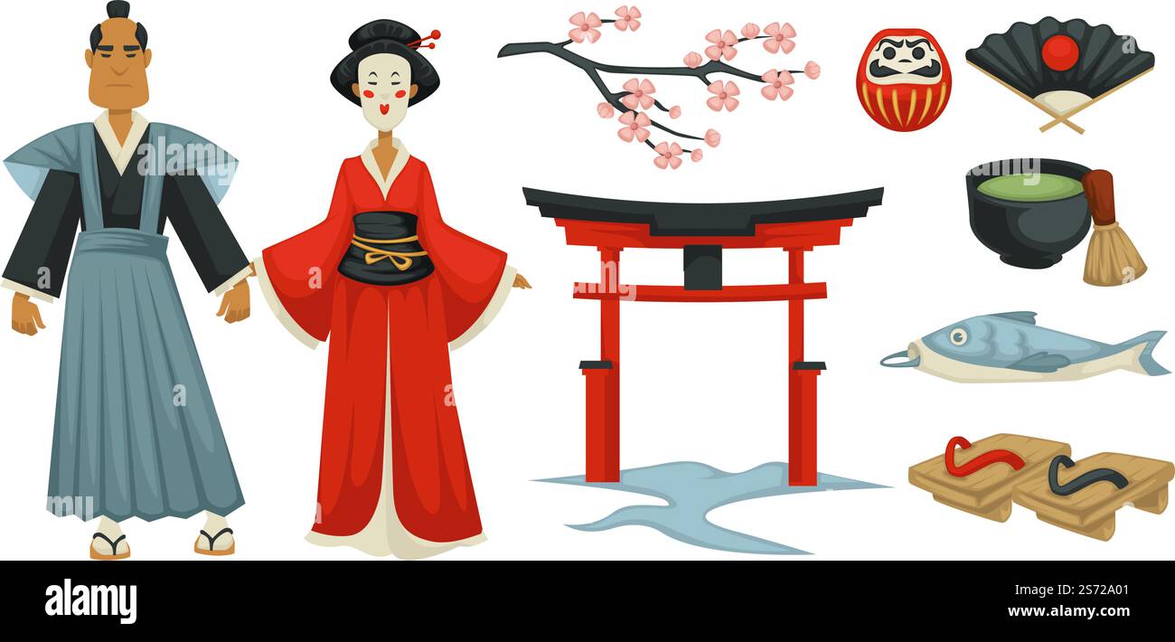 Asian oriental culture, clothes and architecture, interior items and ...