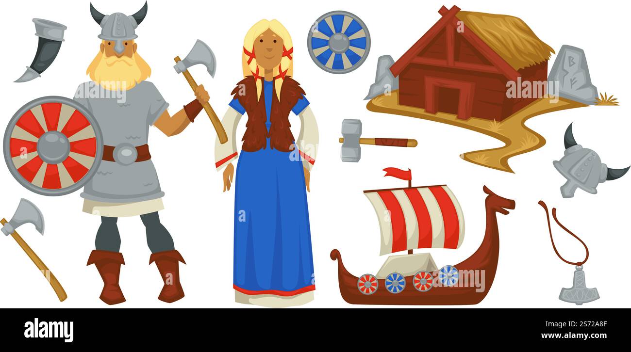 Scandinavian culture of old times, vikings people wearing traditional ...