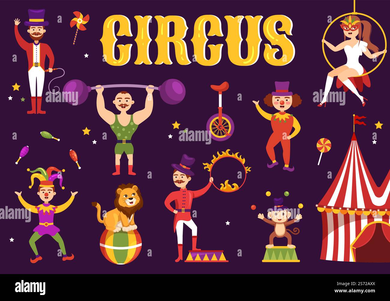 Circus Template Hand Drawn Cartoon Flat Illustration with Show of Gymnast, Magician, Animal Lion ...