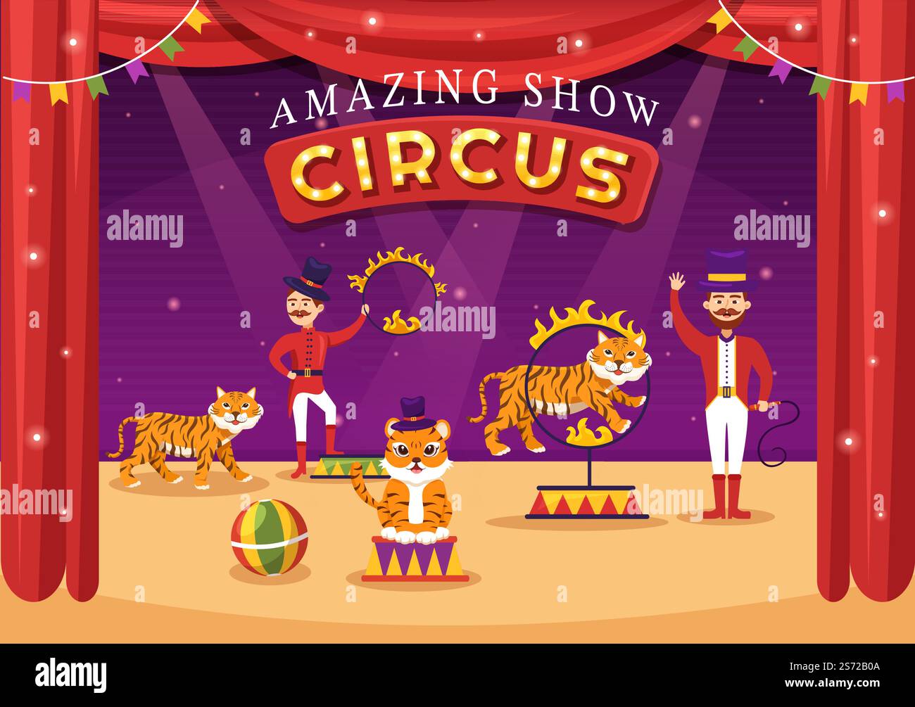 Circus Template Hand Drawn Cartoon Flat Illustration with Show of Gymnast, Magician, Animal Lion ...