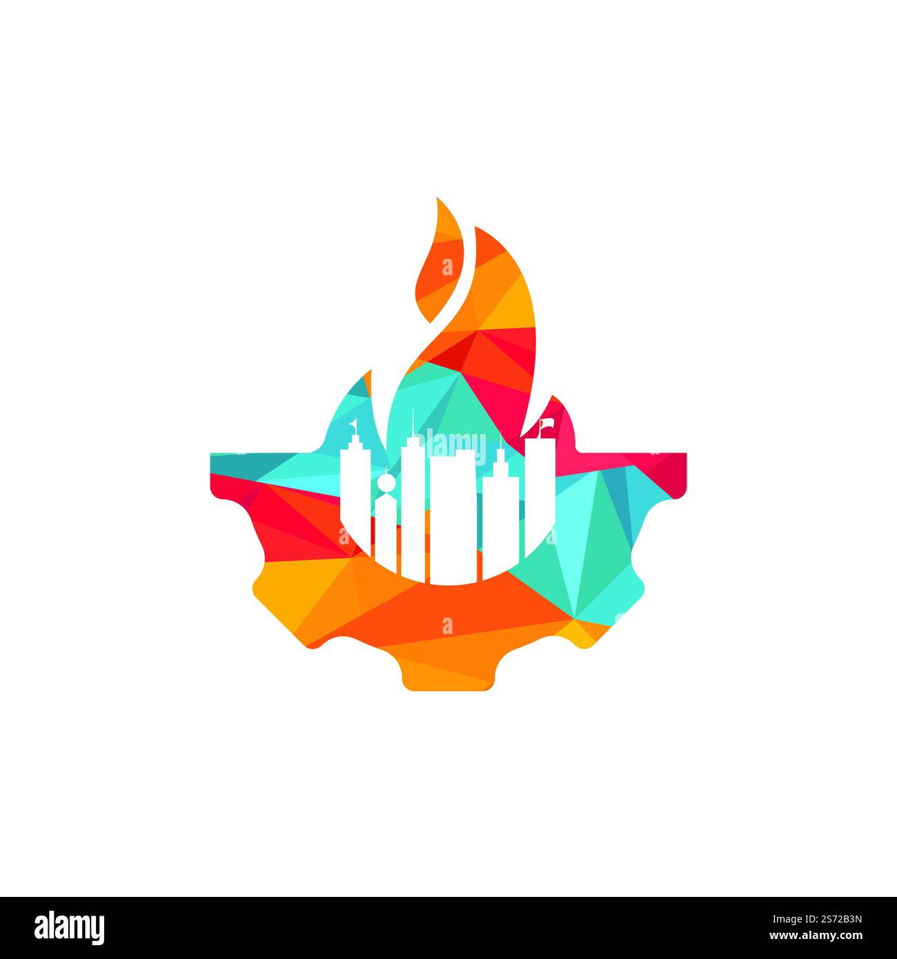 Fire city vector logo design template. Buildings and fire with Cog ...