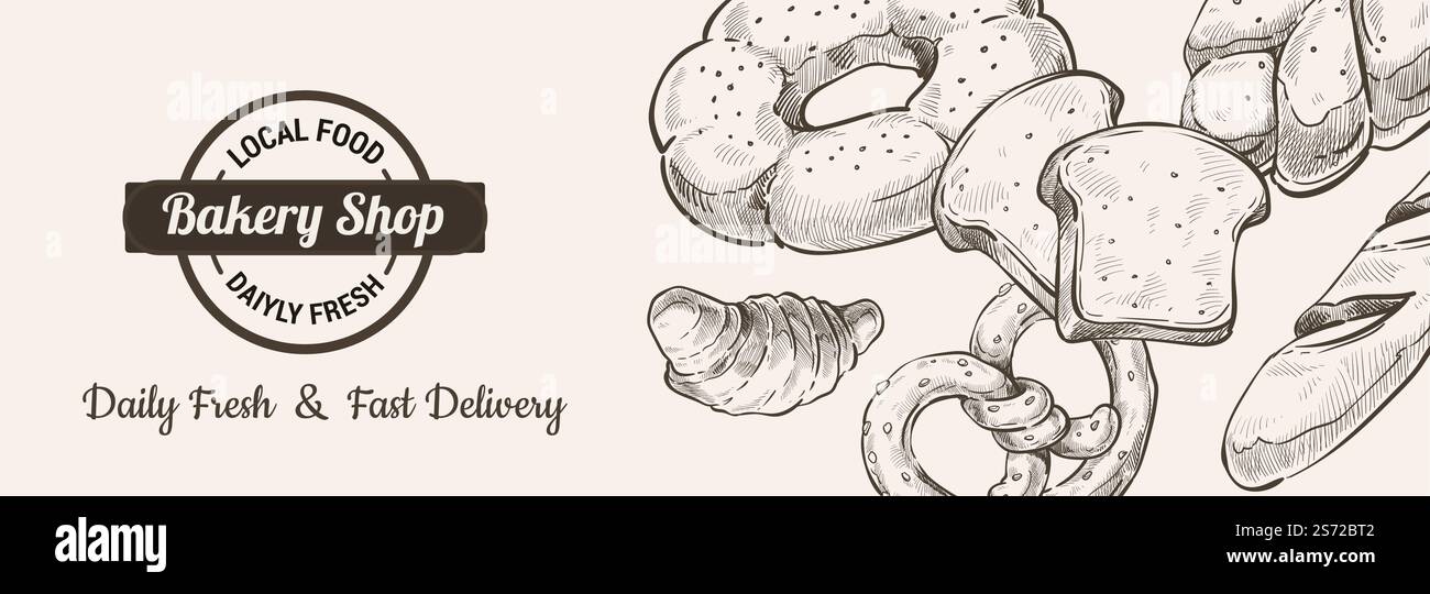 Bread bakery shop banner with sketches and label. Horizontal label for ...
