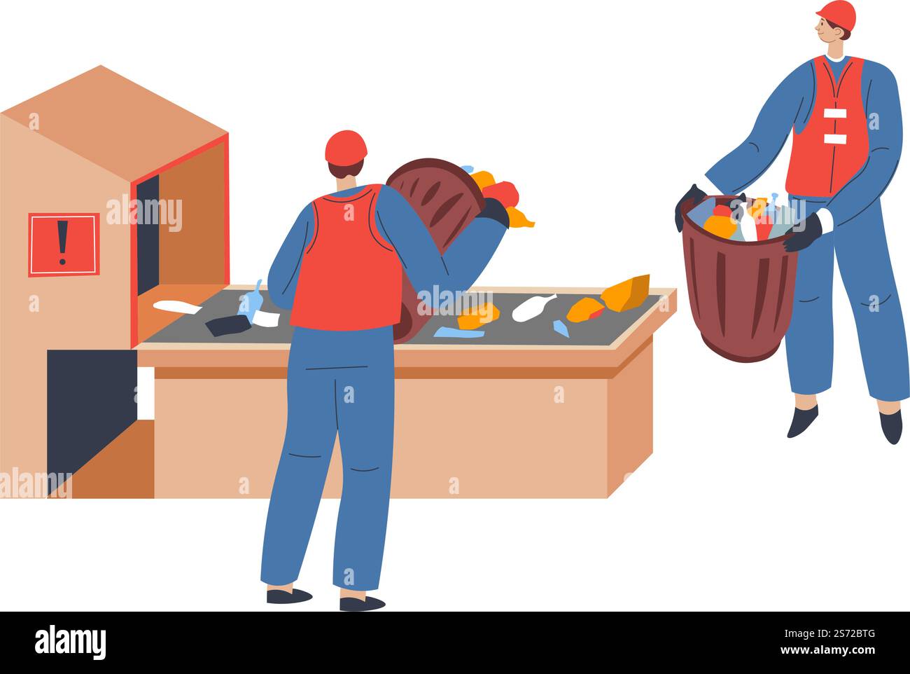 Workers of recycling factory or facility sorting garbage and litter from bags, reducing or trash ...