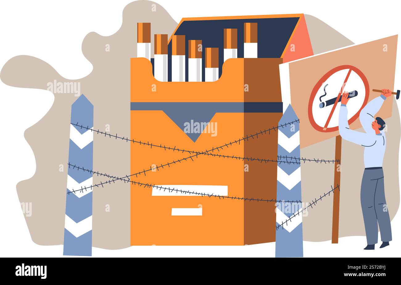 Male character putting smoking prohibited sign by package with ...