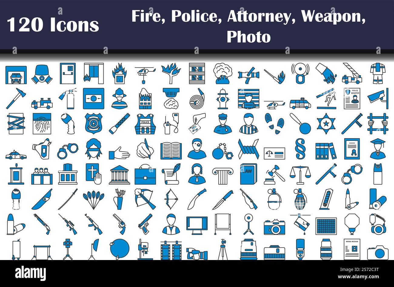 120 Icons Of Fire, Police, Attorney, Weapon, Photo. Editable Bold ...