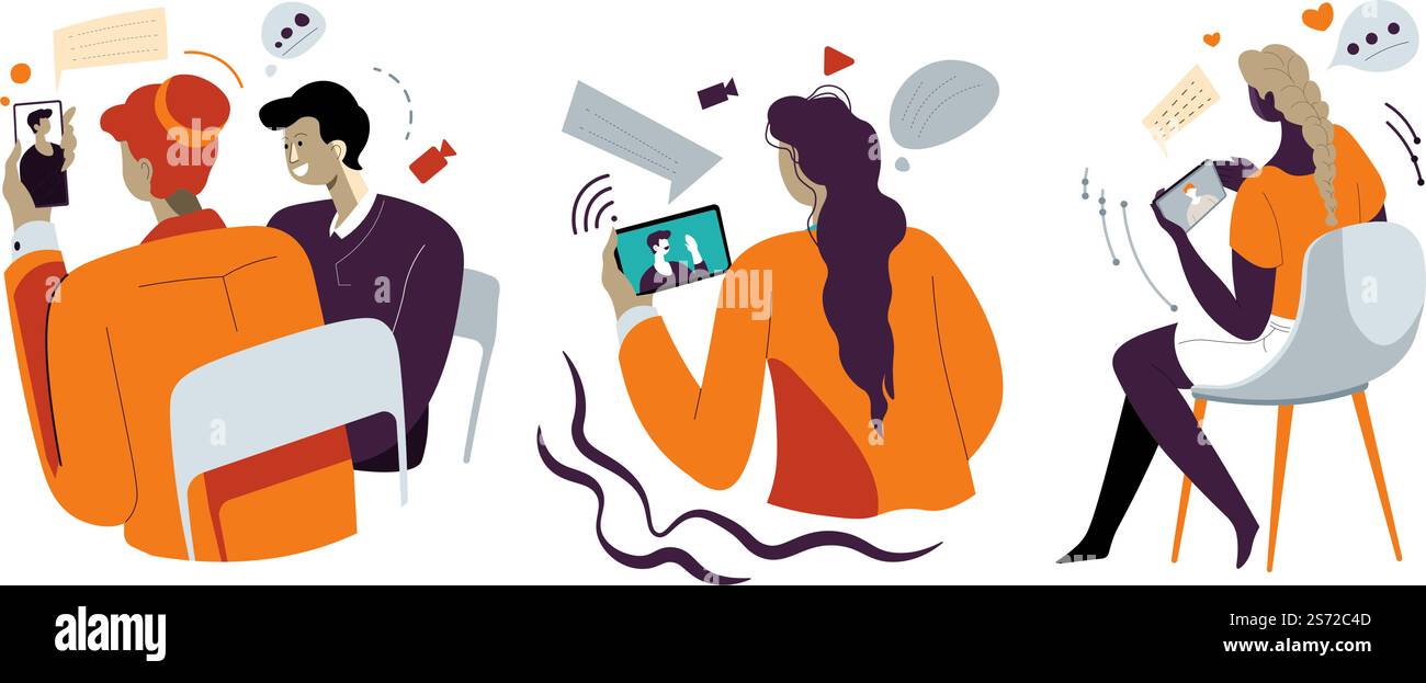 Male and female characters talking in internet using smartphones and ...