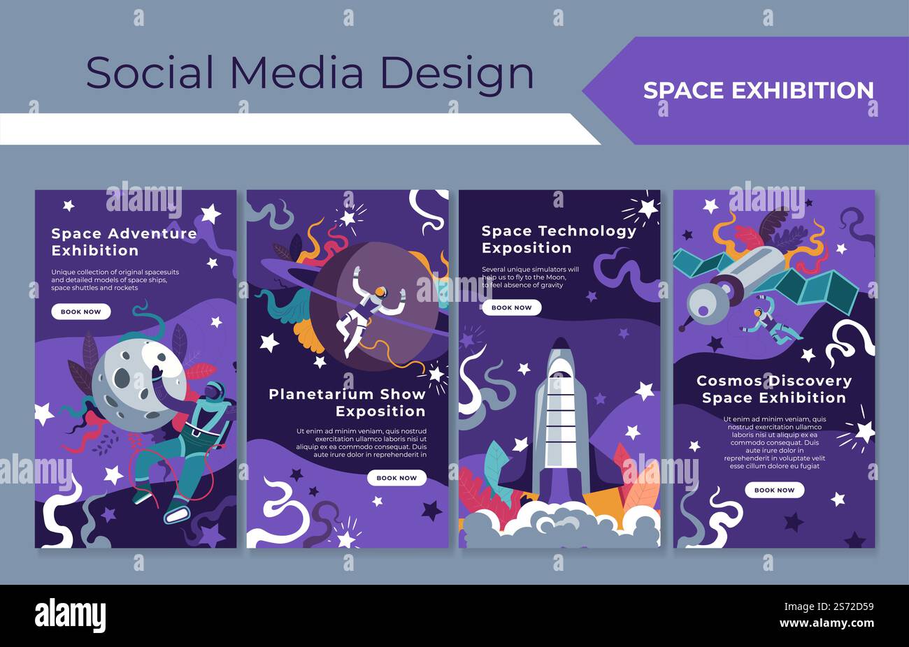 Space adventure exhibition, social media design. Astronomy excursion ...