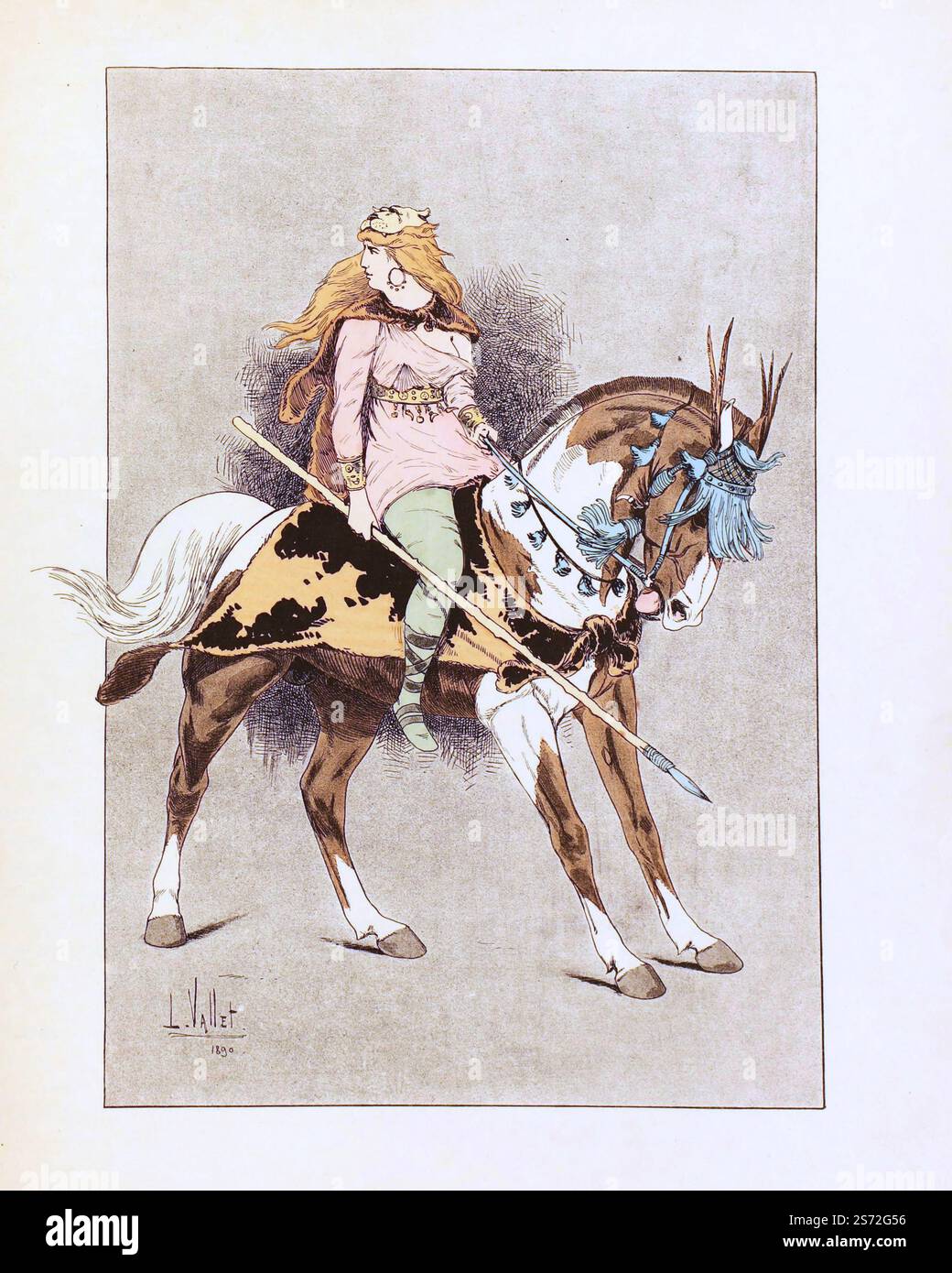 Amazon, riding horse. Vintage historical illustration portrait of ...