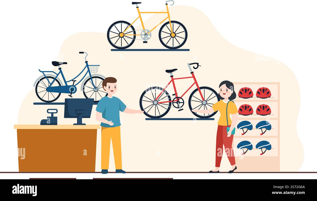 Bike Shop with Shoppers People Choosing Cycles, Accessories or Gear ...