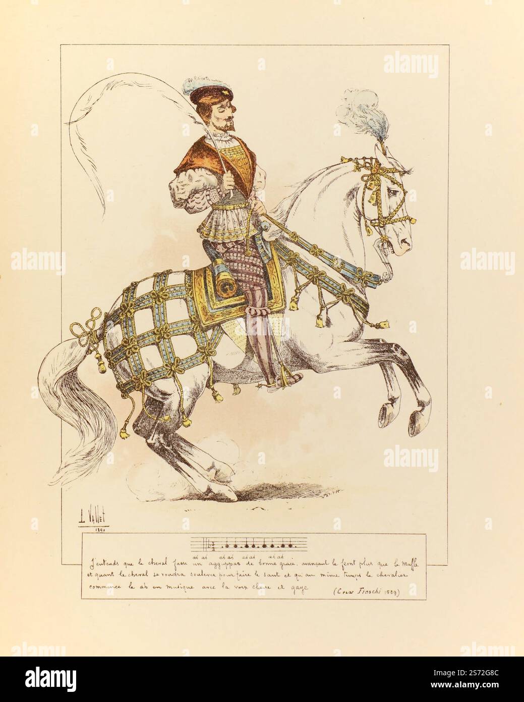 César Fiaschi, horse riding. Vintage historical illustration portrait ...