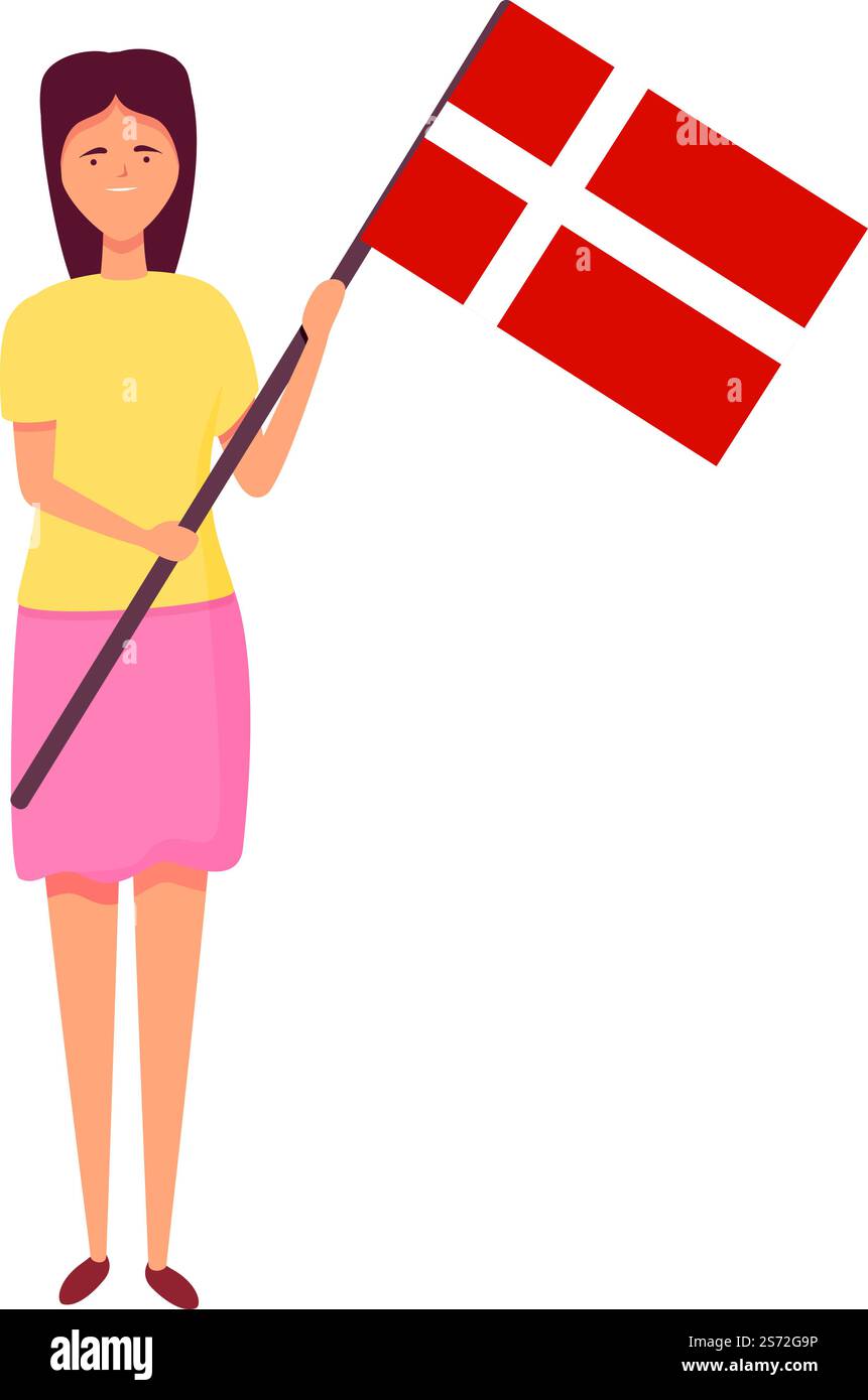 Girl with Denmark flag icon cartoon vector. Country day. Cute kid. Girl ...