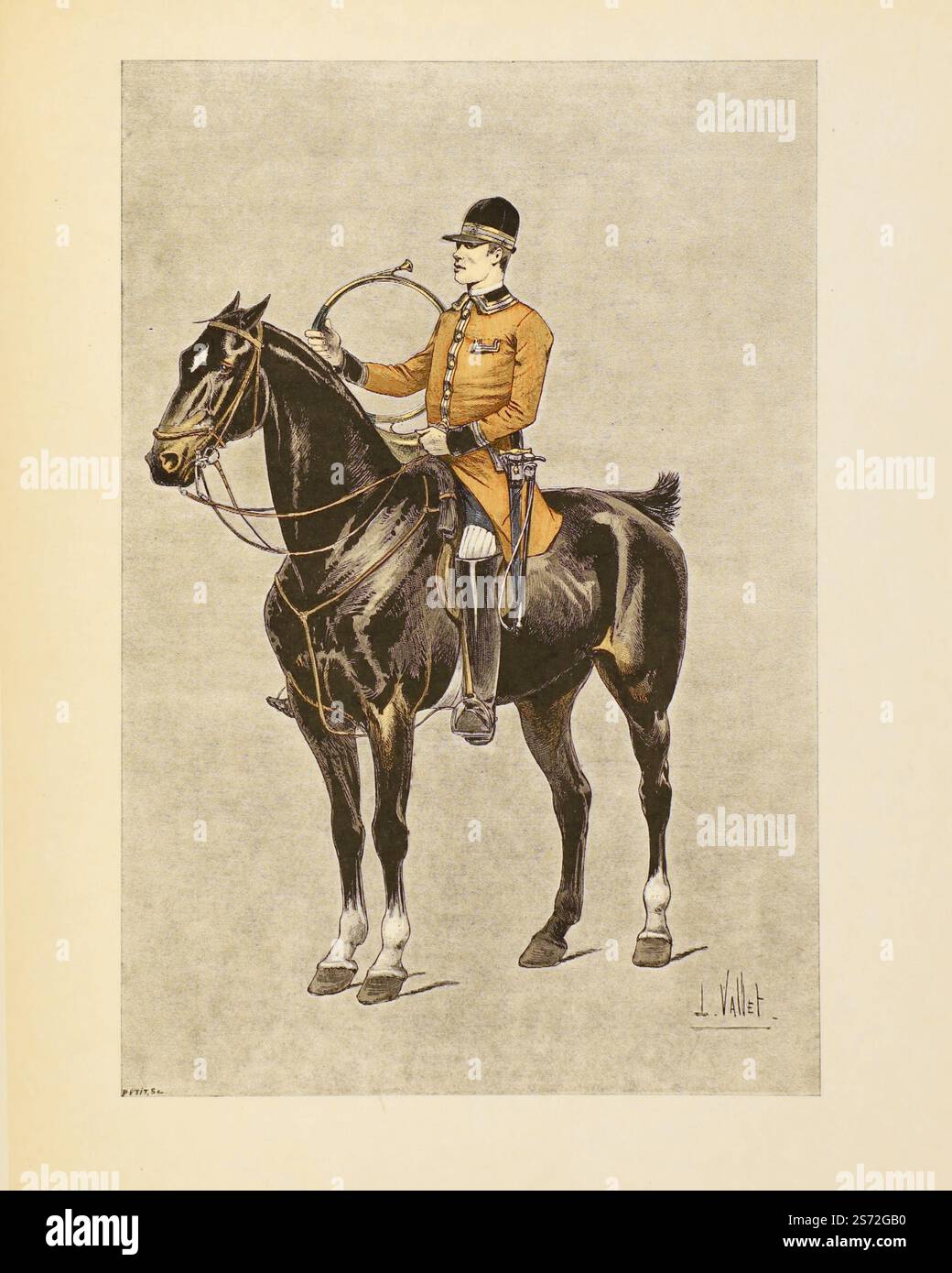 A pikeman .. Vintage historical illustration portrait of horseback ...