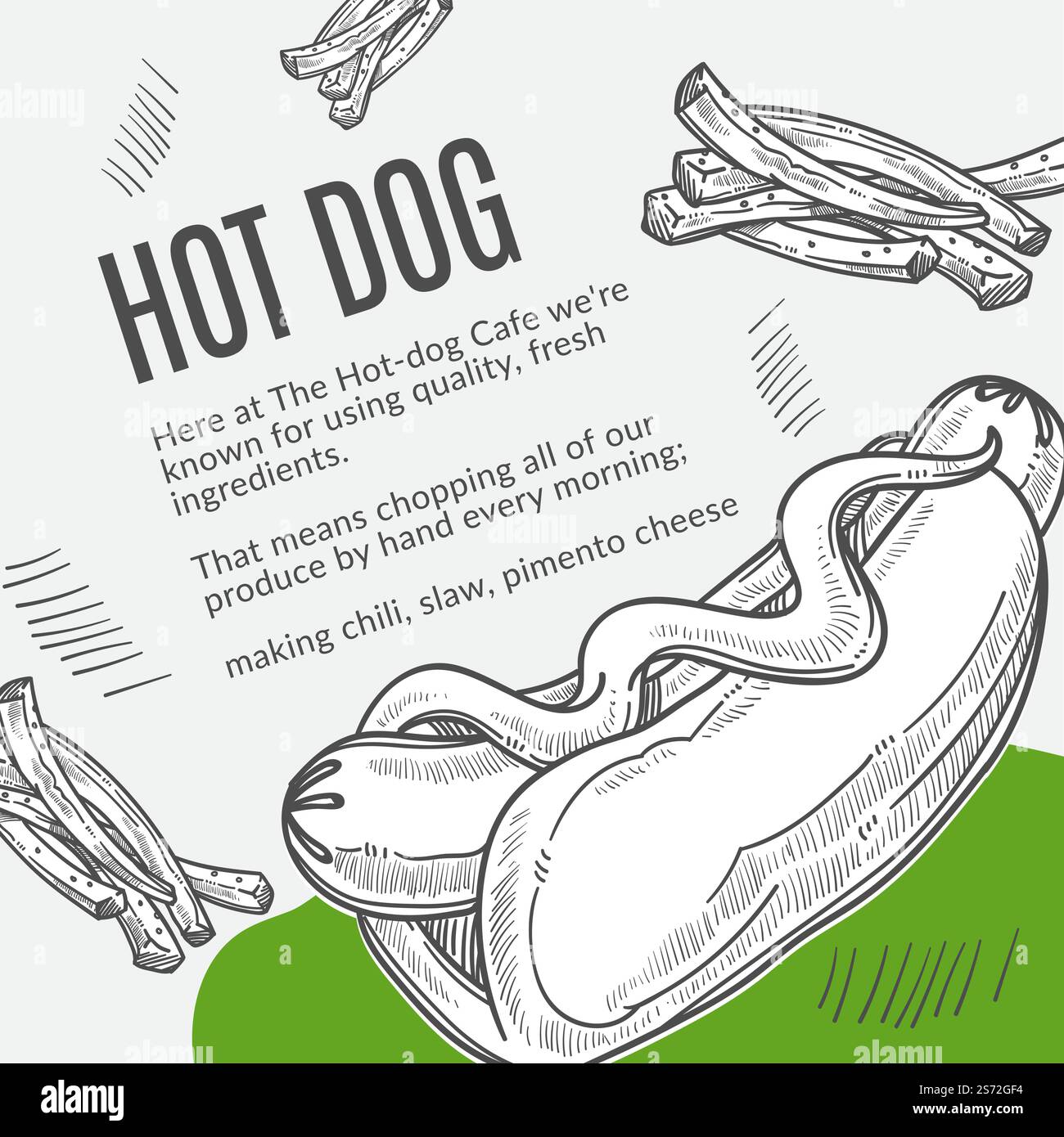 Fast food menu set of hot dog with sauce, sausage and bun and potato chips. Grilled sandwich to ...