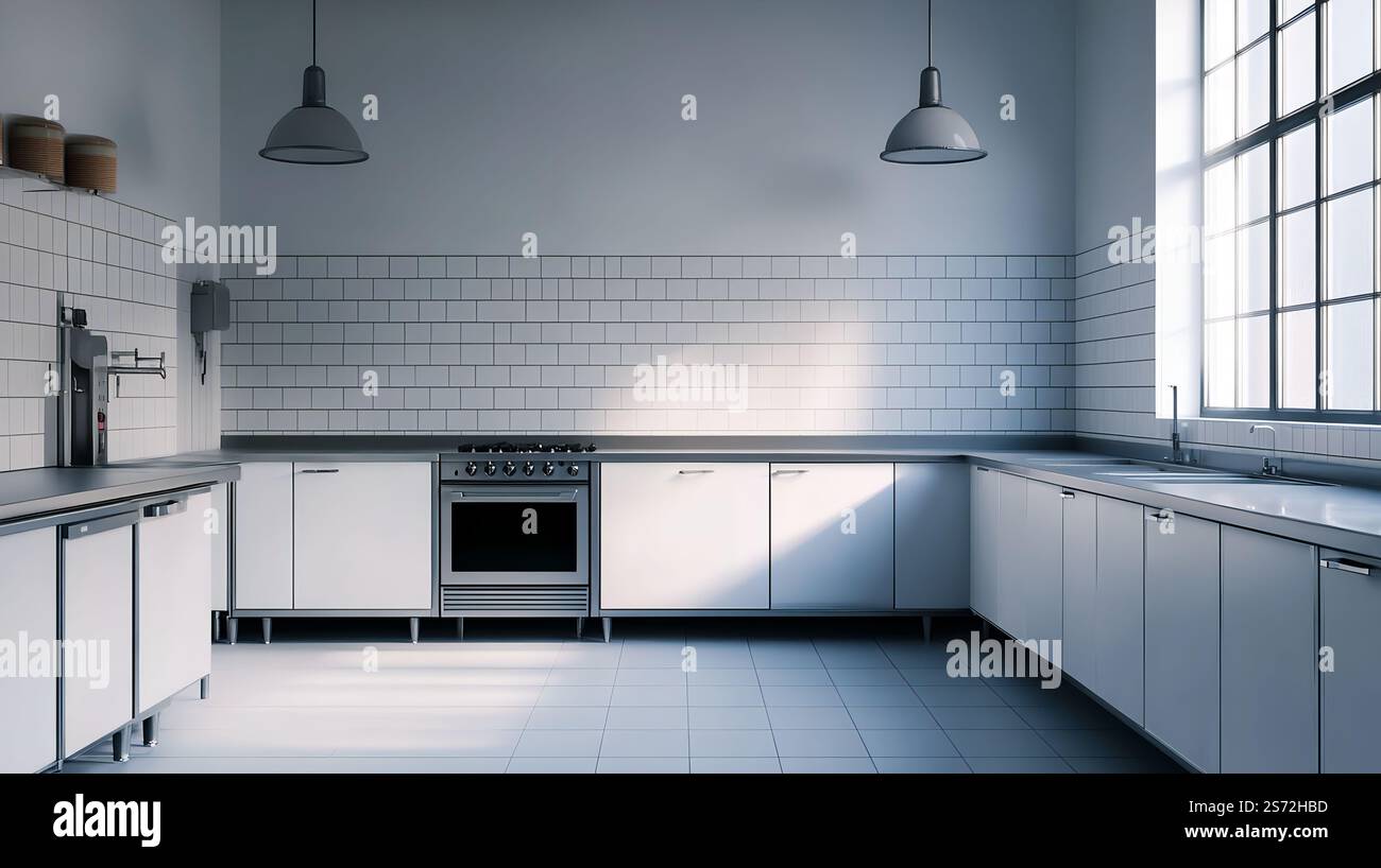 Sleek and modern industrial kitchen design with white cabinetry,gray ...