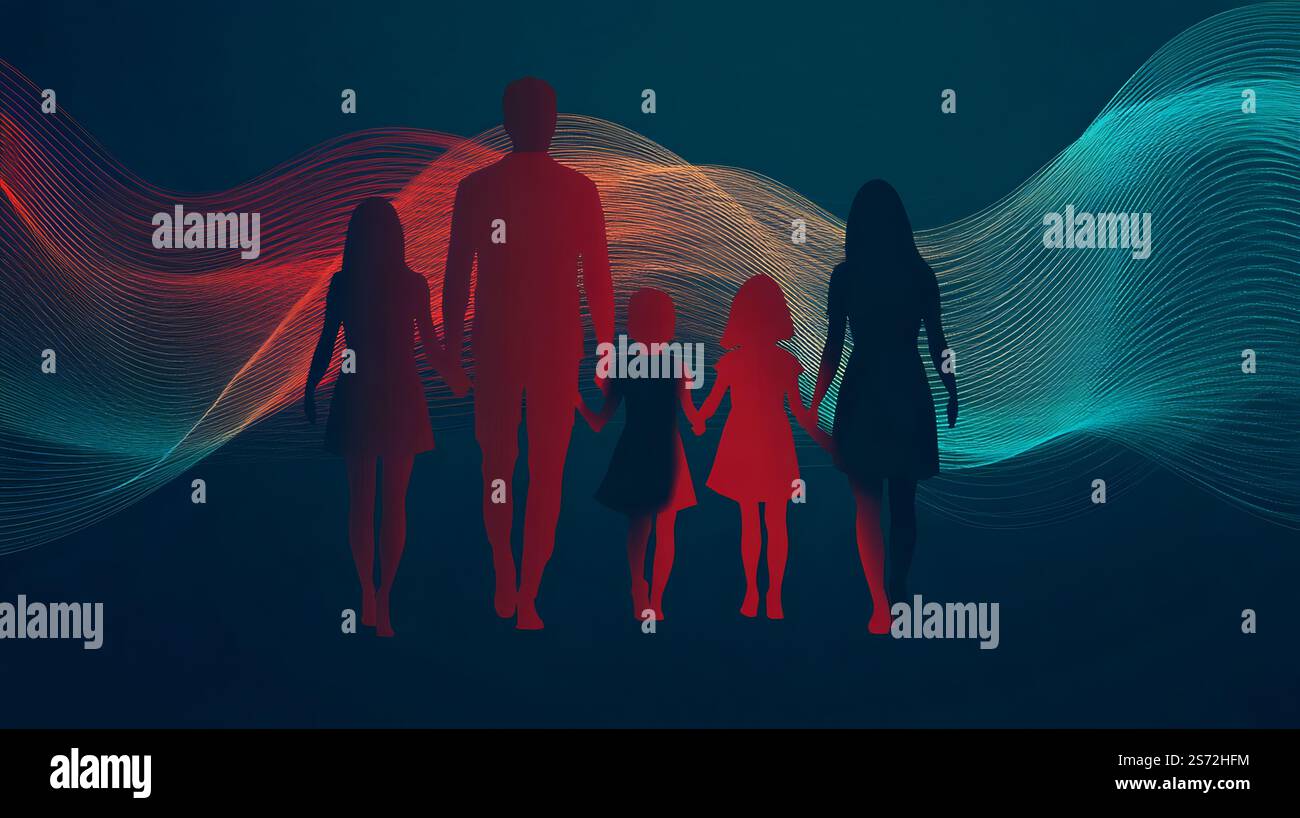 Silhouetted family figures standing together against a backdrop of ...