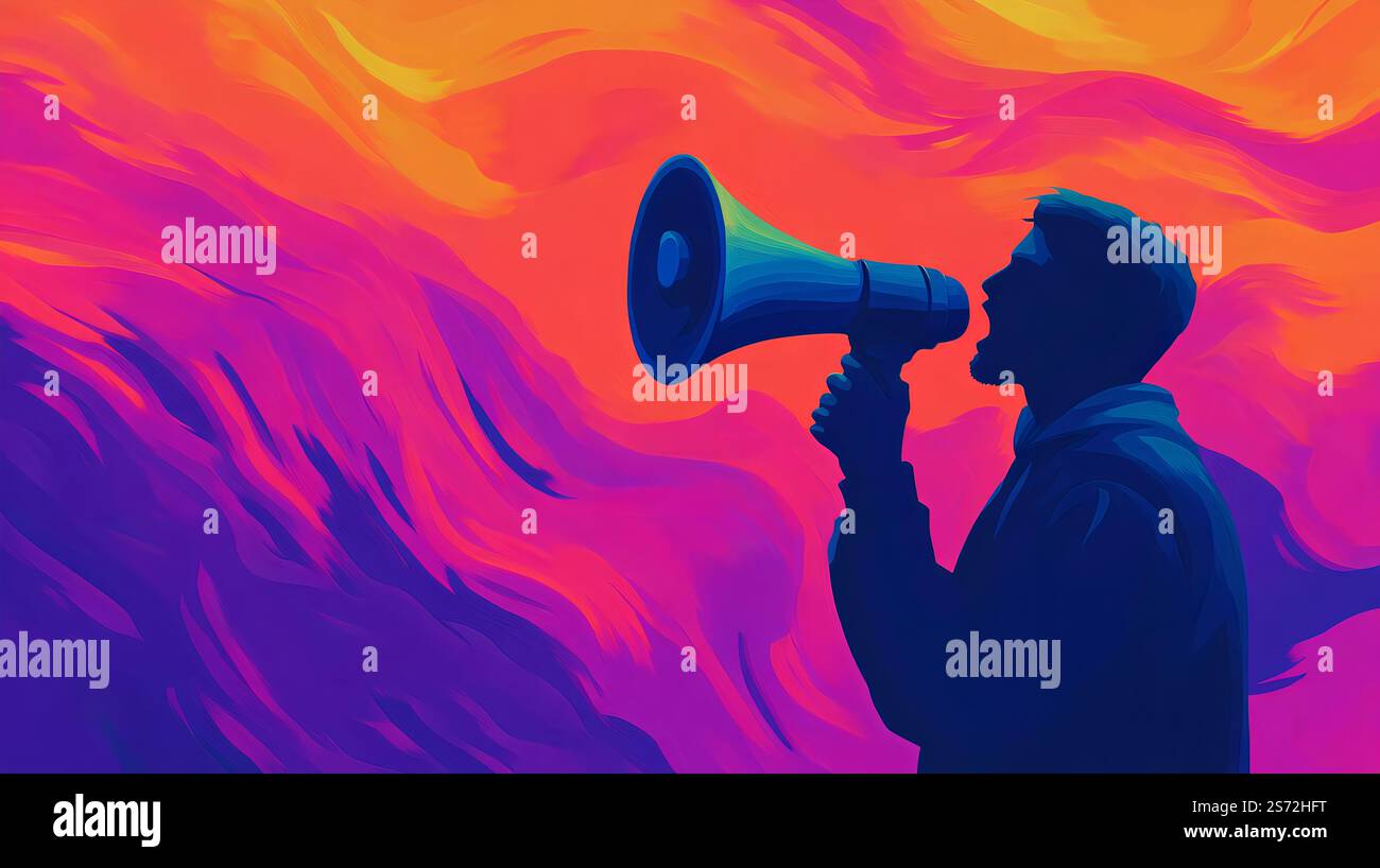 Silhouetted figure holding a megaphone as vibrant,colorful sound waves ...
