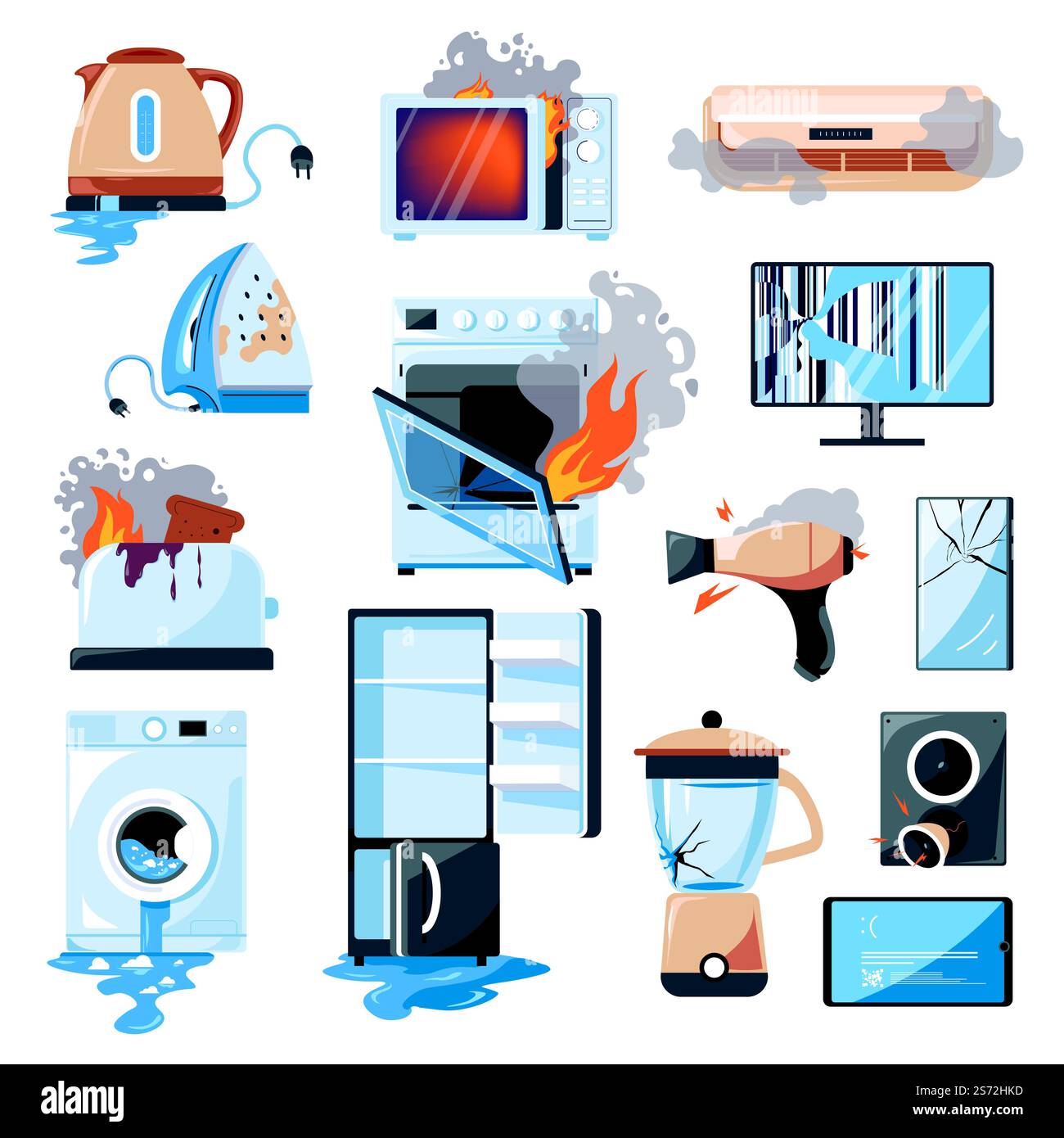 Malfunctioning and damaged kitchen and home appliances, burning and smoke from electronics ...