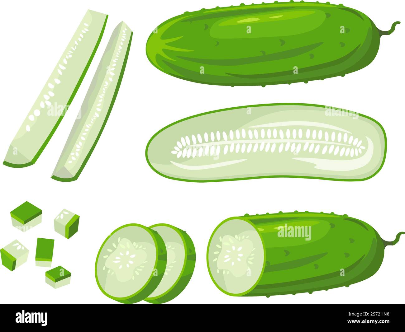 Cucumber cut into pieces and sliced, isolated icon of vegetable, cubes ...