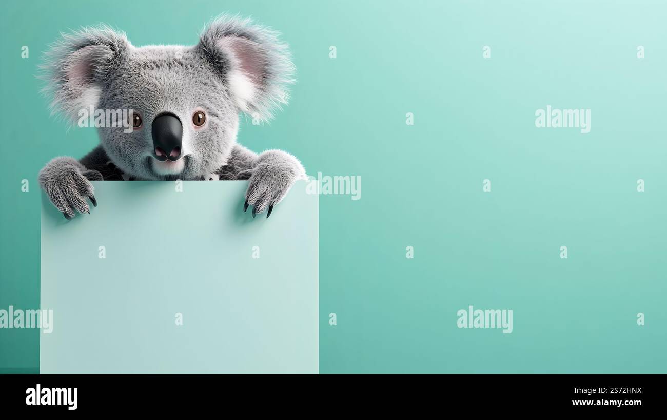 Shy and adorable koala bear hugging a blank paper sheet on a mint ...
