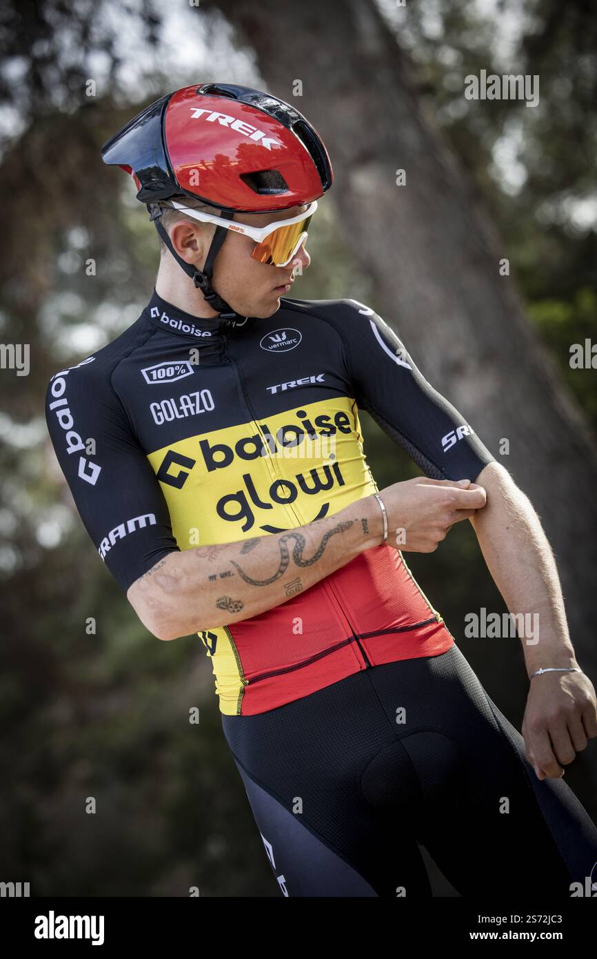 Belgian Thibau Nys pictured in Belgian national jersey during a photoshoot before the cyclocross ...