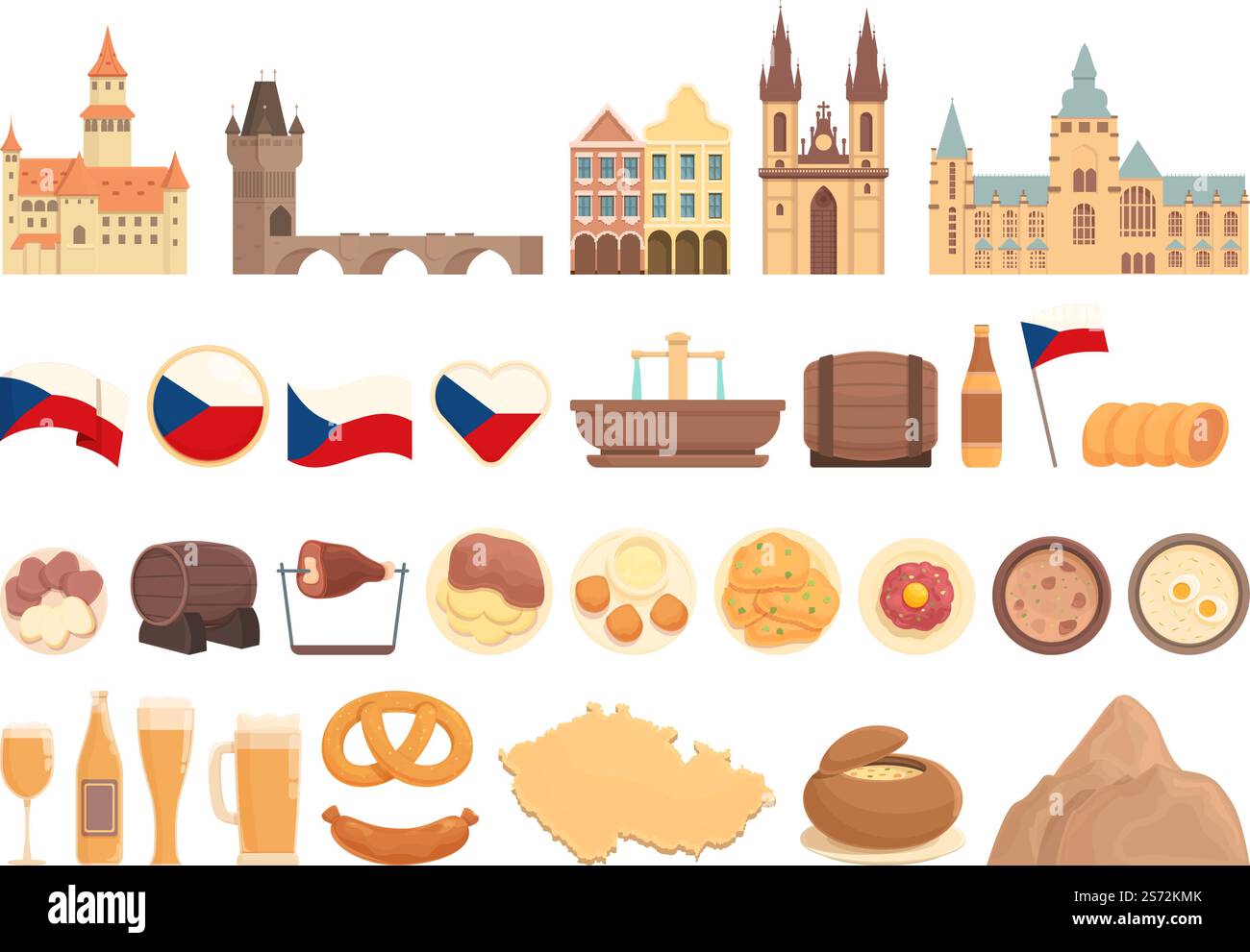 Czech Republic icons set cartoon vector. Prague skyline. Castle map ...