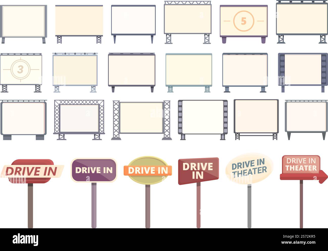 Drive-in cinema icons set cartoon vector. Movie drive. Auto car. Drive ...