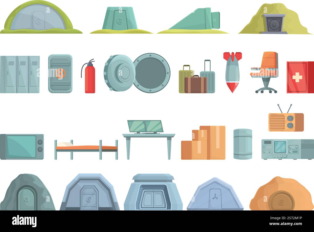 Bomb shelter icons set cartoon vector. Bunker bomb. Nuclear safe. Bomb ...