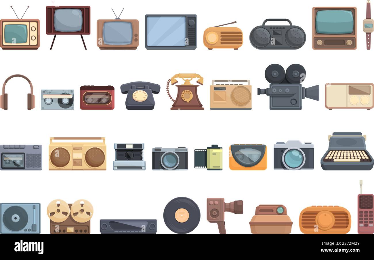 Analogue technology icons set cartoon vector. Audio button. Tape ...