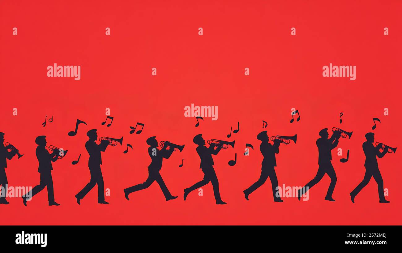 Dynamic silhouettes of a marching band with sound waves blending into ...