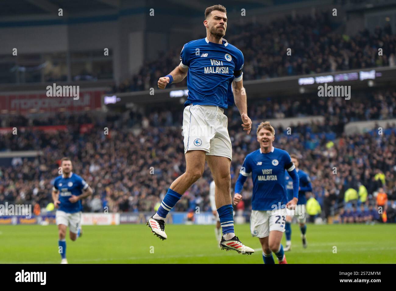 Cardiff, UK. 18th Jan, 2025. Dimitris Goutas of Cardiff City celebrates ...