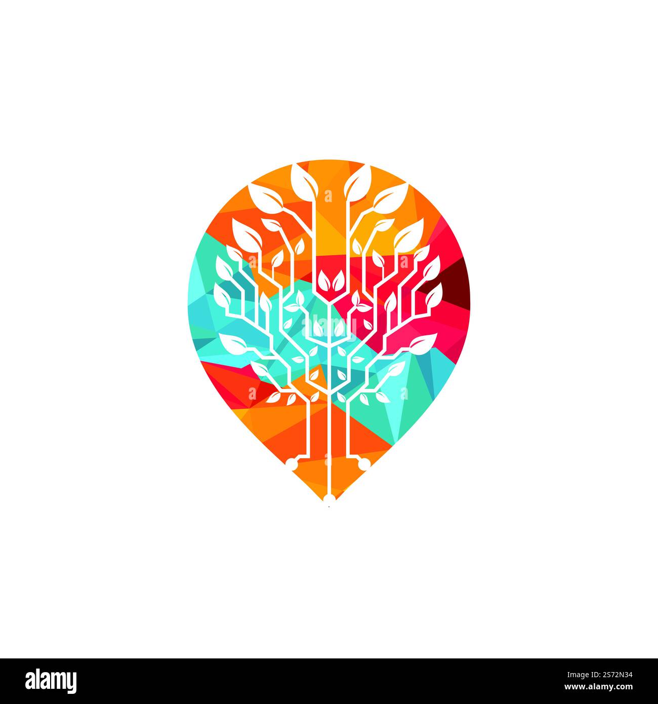 Tech tree vector logo design template. Connecting network tree with pin ...